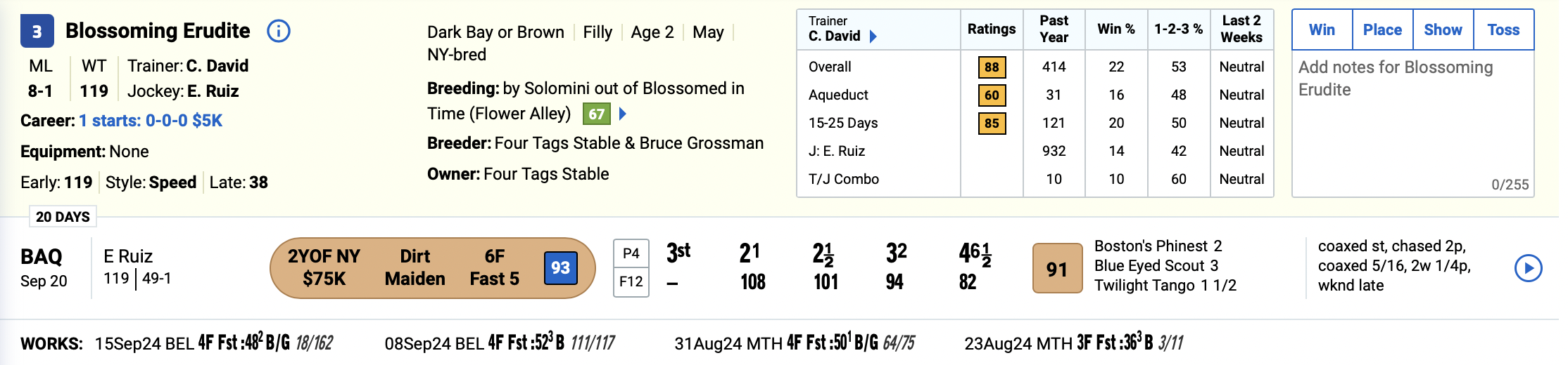 Thursday TimeformUS Highlight Horse: Blossoming Erudite bred to handle switch to turf